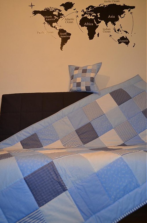 Prehoz, vankúš patchwork vzor slabo modrá-šedá, prehoz 140x200 cm ...