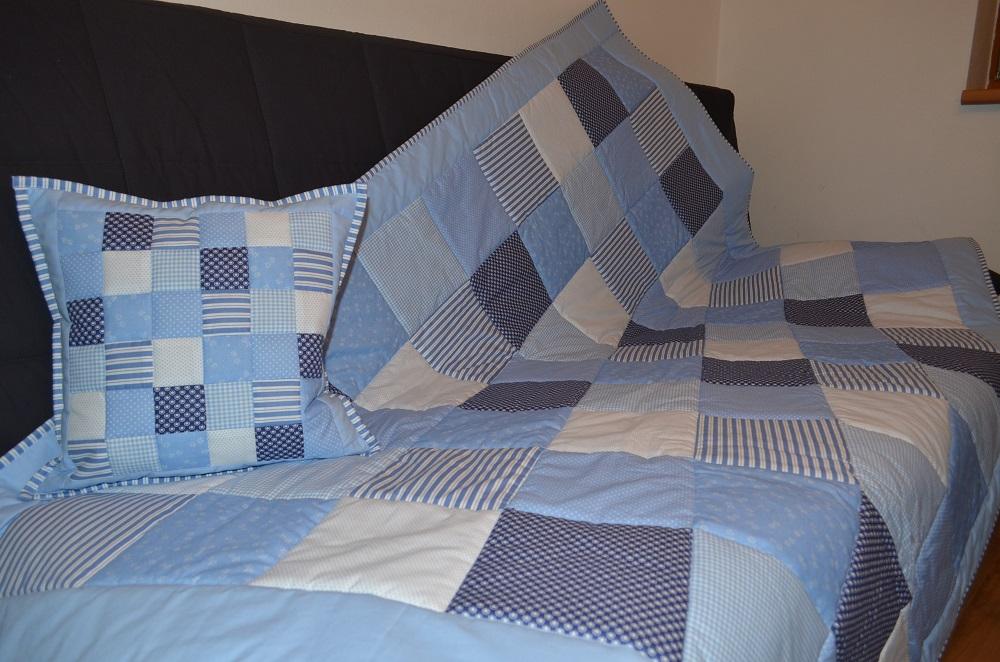 Prehoz, vankúš patchwork vzor slabo modrá-šedá, prehoz 140x200 cm ...